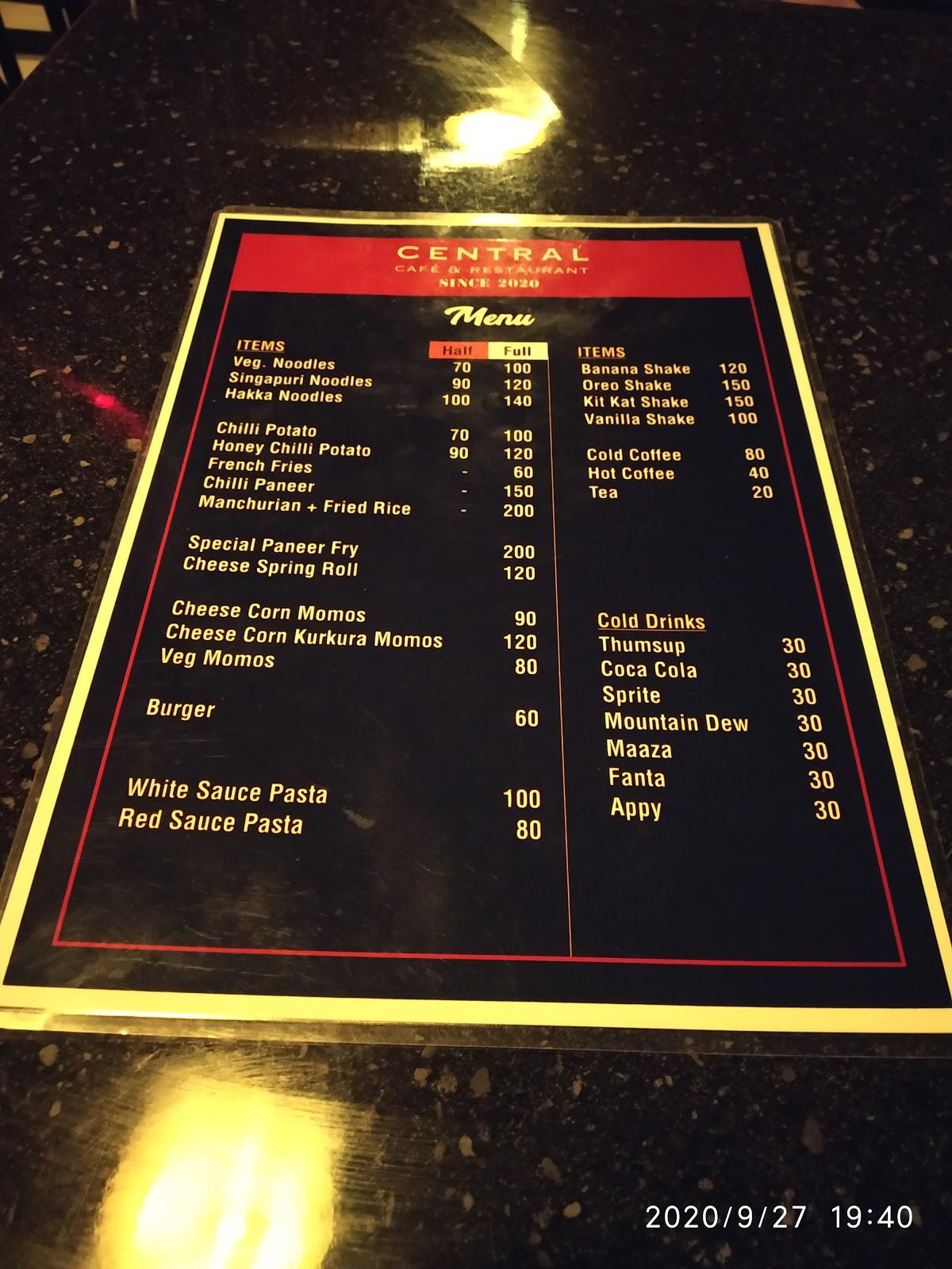 Menu at Central Cafe & Restaurant, Meerut