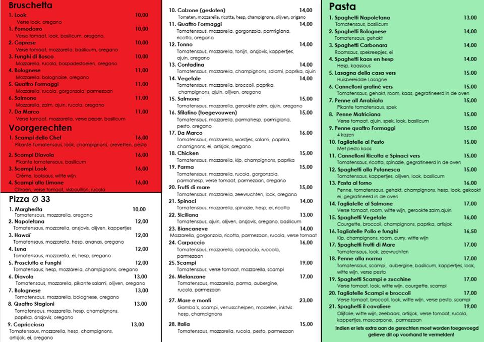 Menu at Da Marco, Denderleeuw