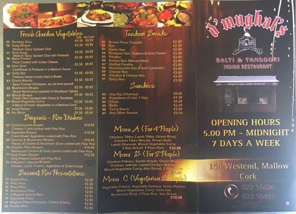 Menu at D'mughal's Indian Restaurant, Mallow