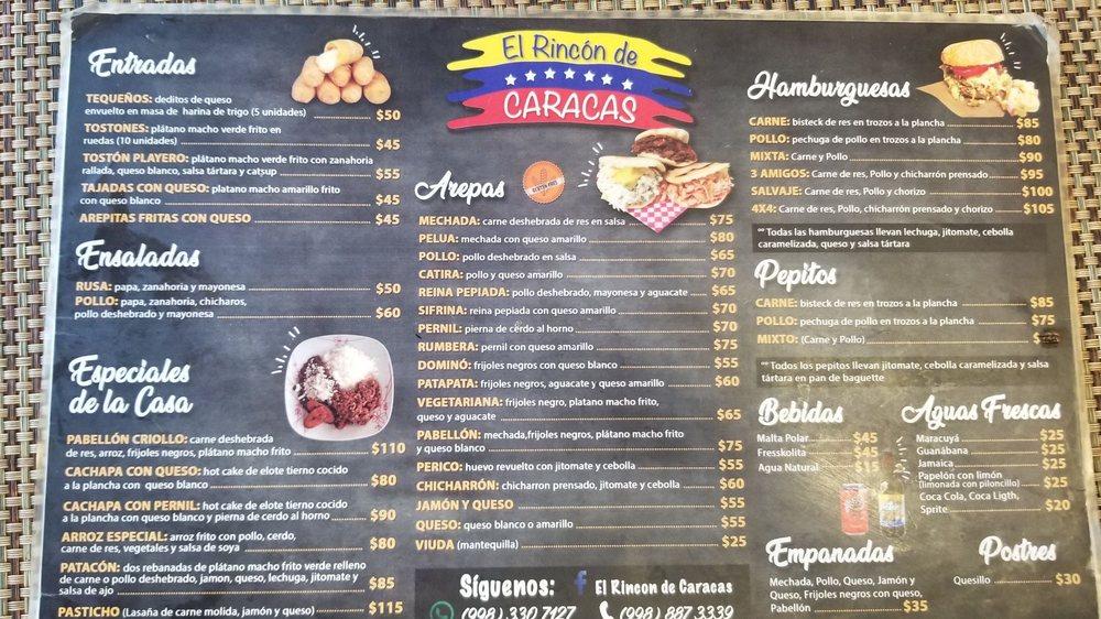 Menu at El Rincón de Caracas restaurant, Cancún, Palenque 101-MZ 1