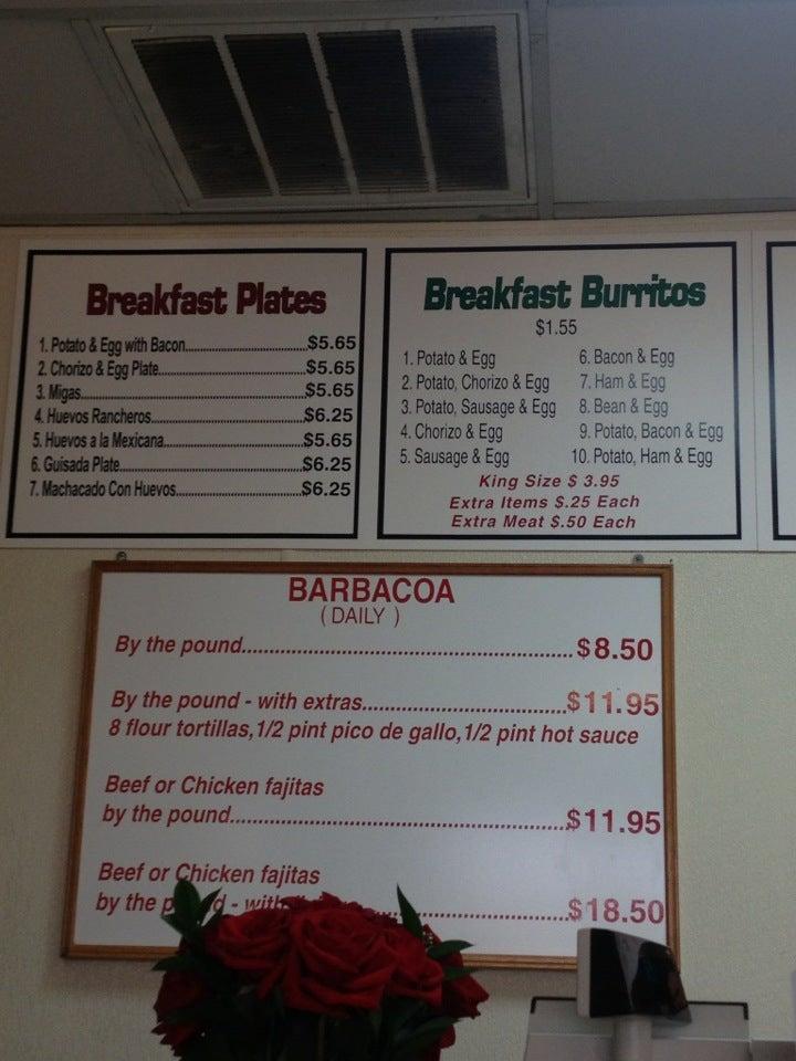 Menu at Juan's Burrito Express restaurant, Fort Worth