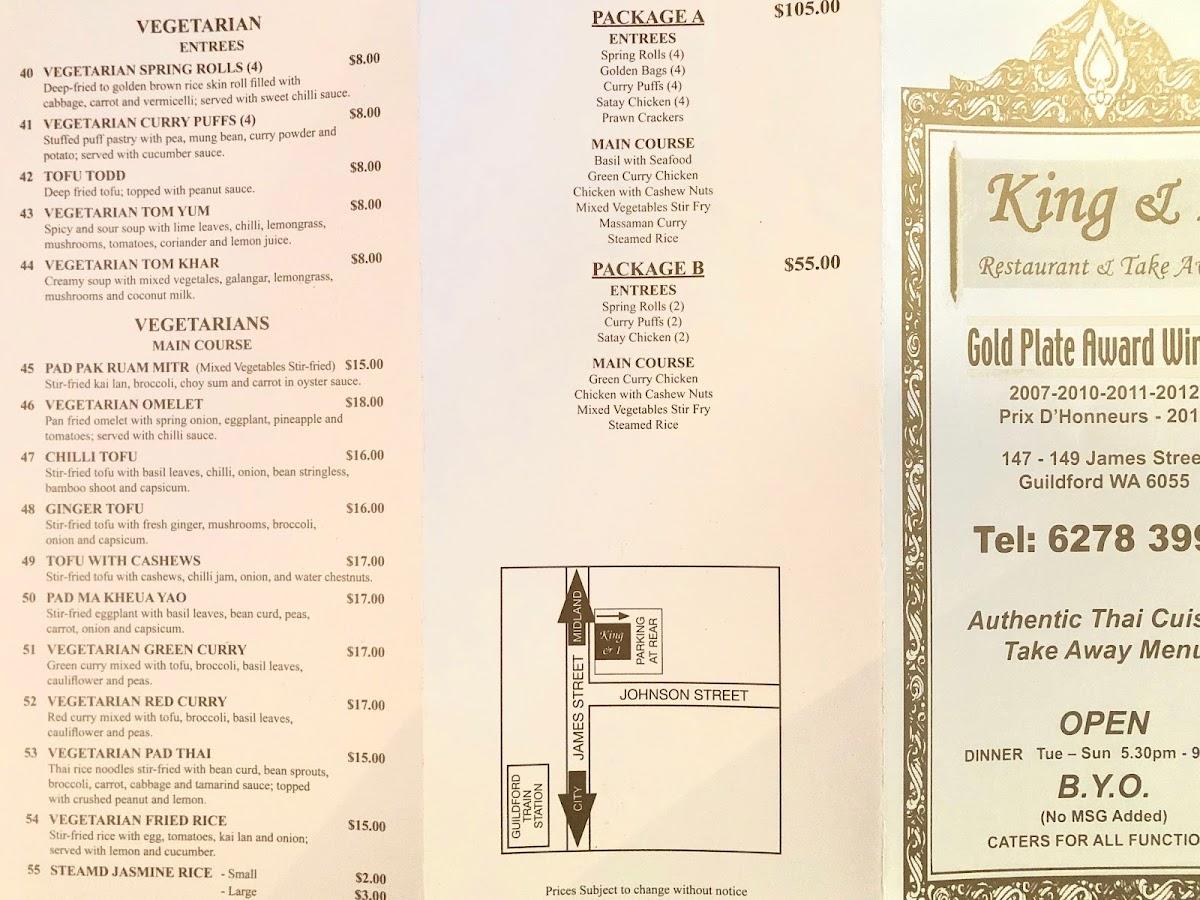 Menu at King & I restaurant, Guildford