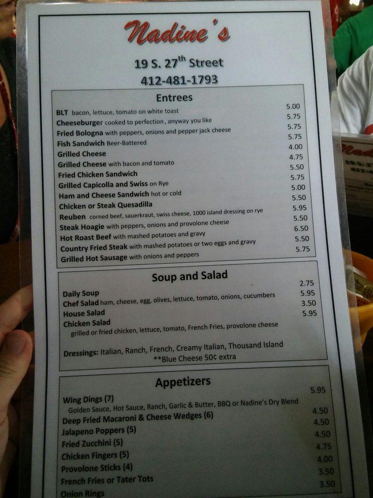 Menu at Nadine's Restaurant, Pittsburgh
