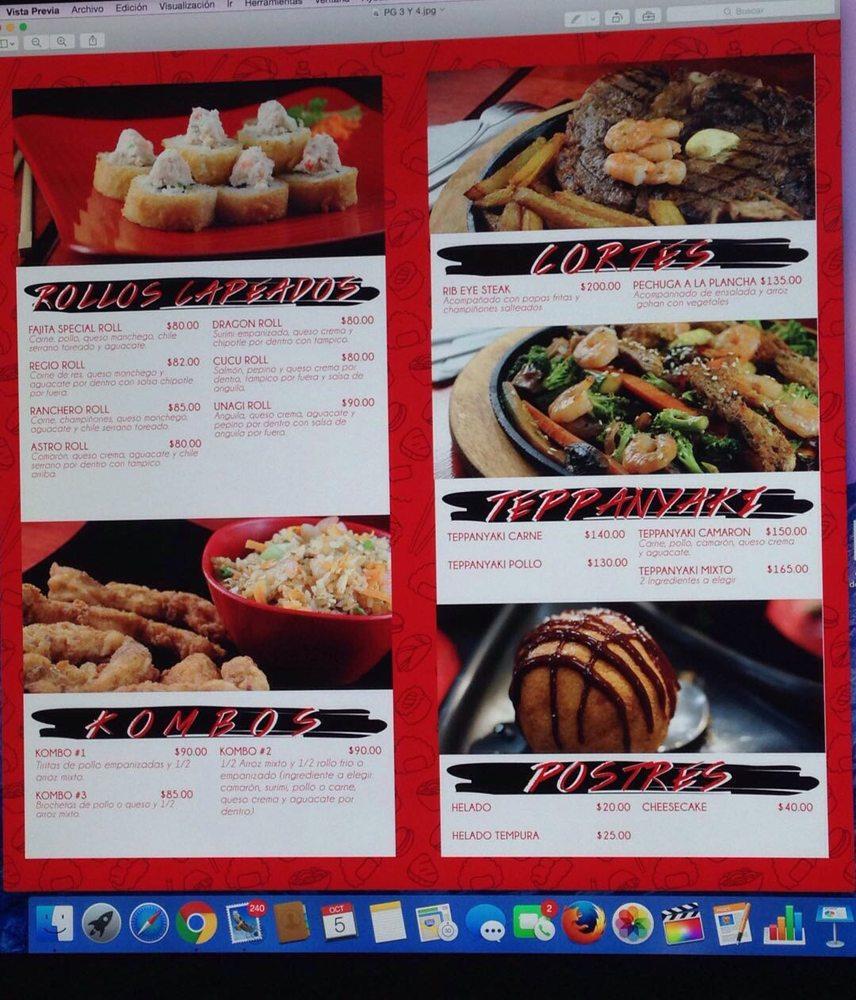 Menu at Sendai Sushi restaurant, Ciudad Acuña