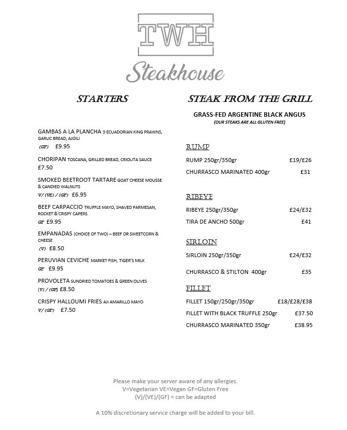 Menu at TWH Steakhouse, Ingatestone