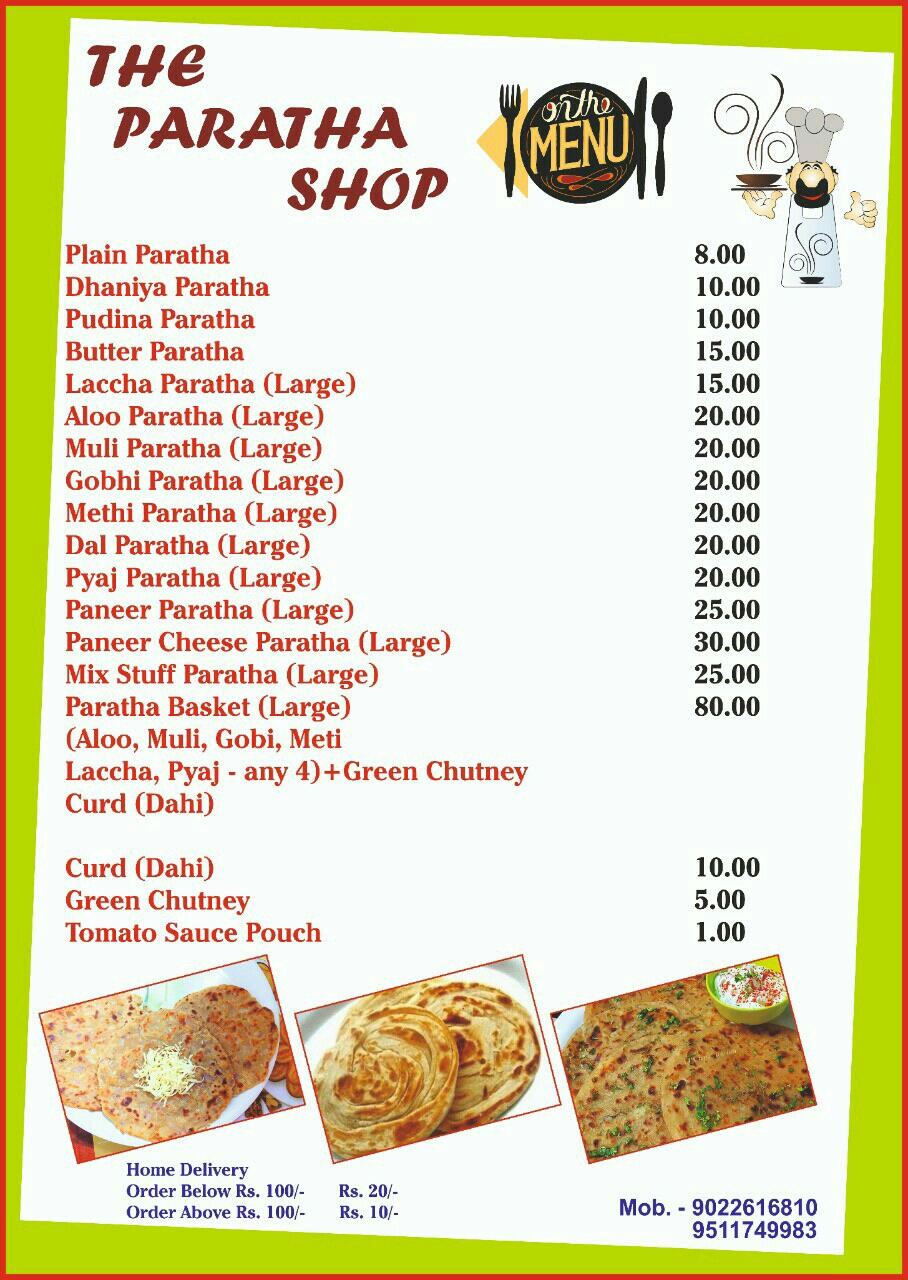 Menu at The Paratha Shop, Bhandara