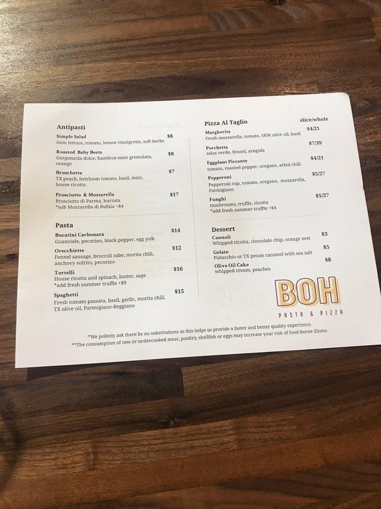 Menu at BOH Pasta Wholesale pizzeria, Houston