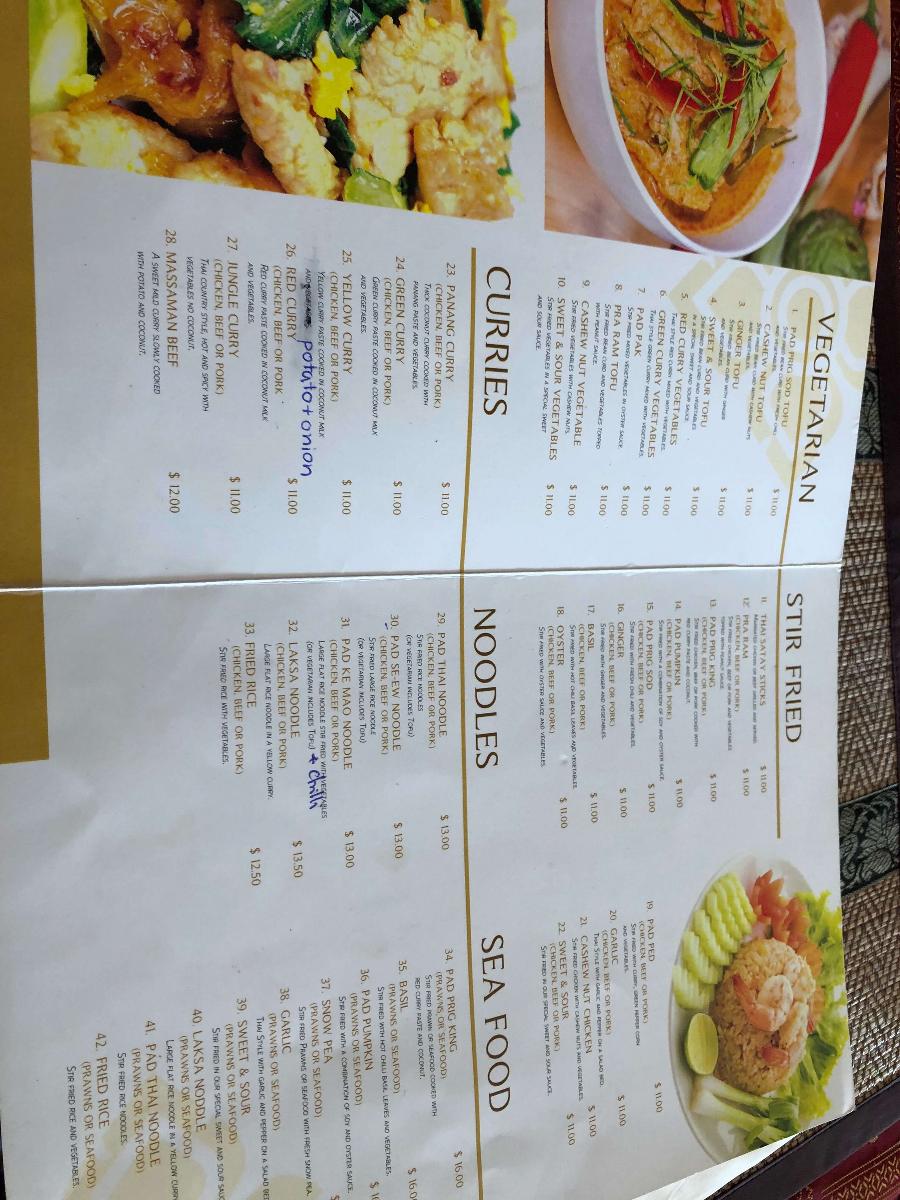 Menu at Ban Thai restaurant, Goulburn