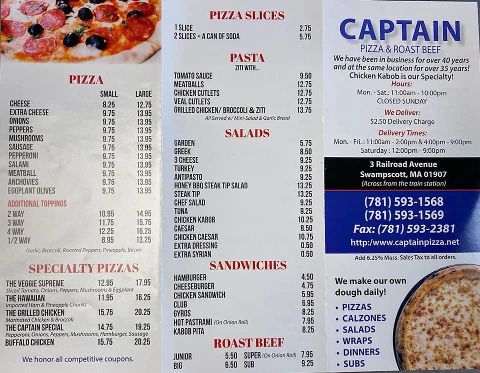 Menu at Captain Pizza & Roast Beef pizzeria, Swampscott, 3 Railroad Ave