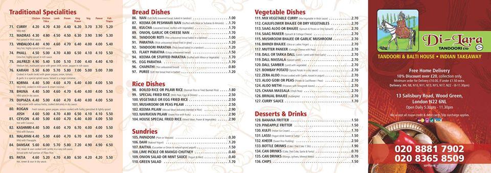 Menu at Di-lara Indian takeaway restaurant, London