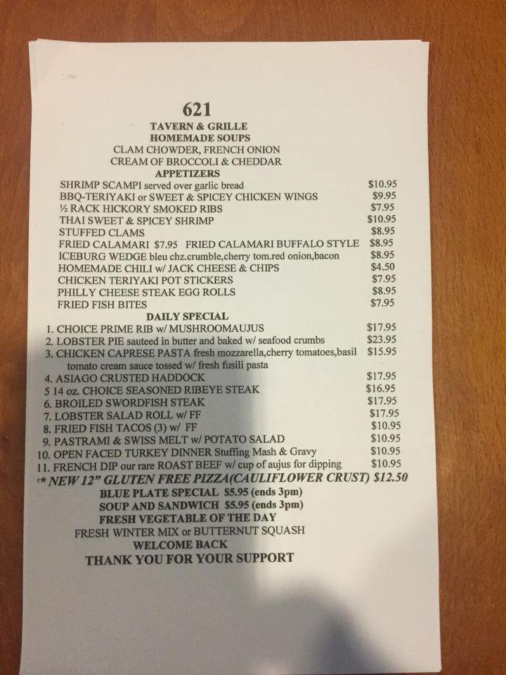Menu at Six Twenty-One Tavern & Grill pub & bar, Malden