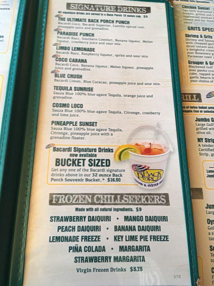 Menu at The Back Porch restaurant, Destin
