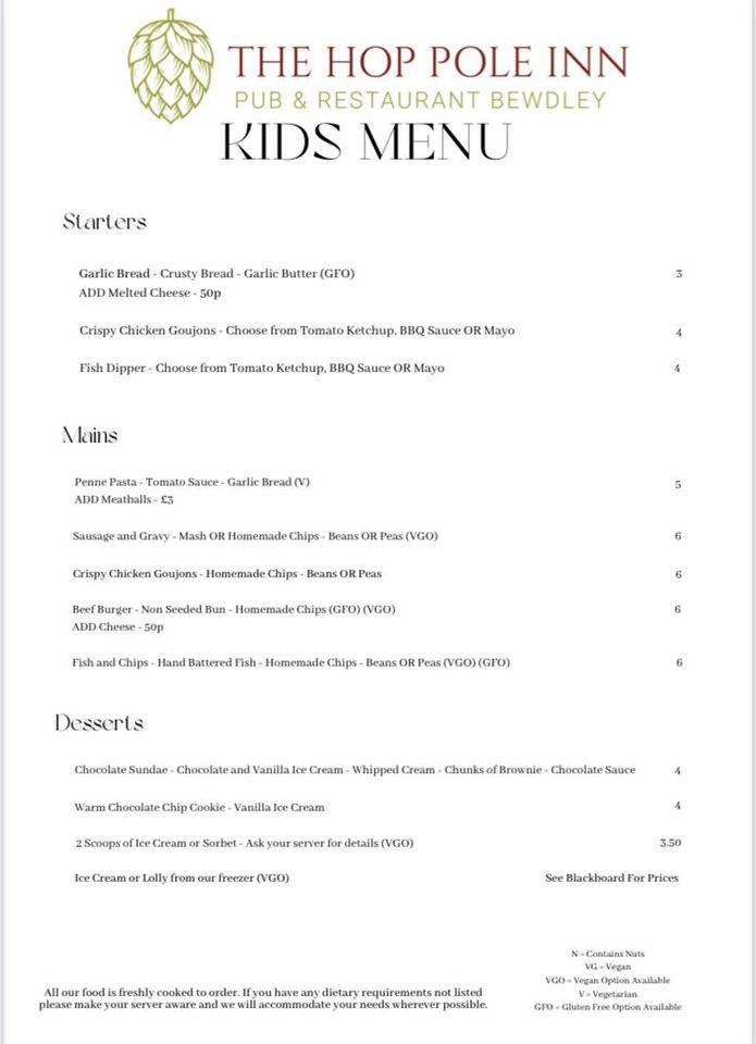 Menu at Hop Pole Inn pub & bar, Bewdley