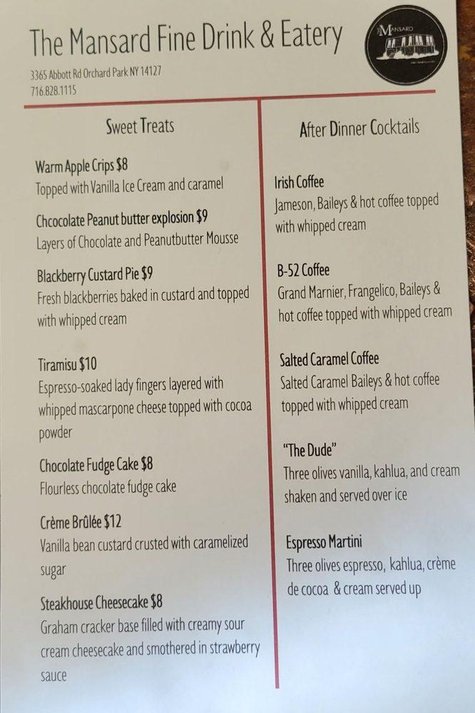 Menu at The Mansard restaurant, Orchard Park