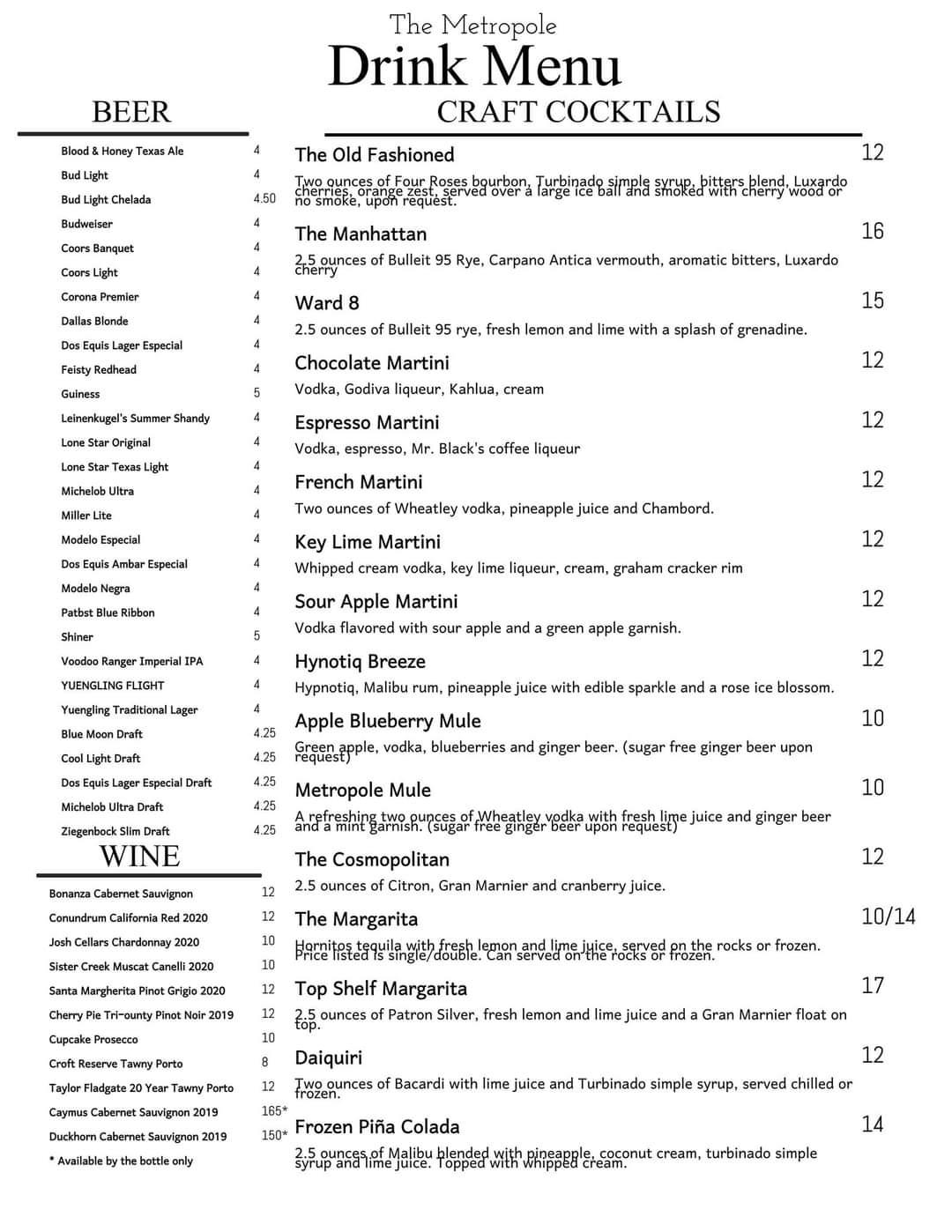 Menu at The Metropole Saloon & Restaurant, Shamrock