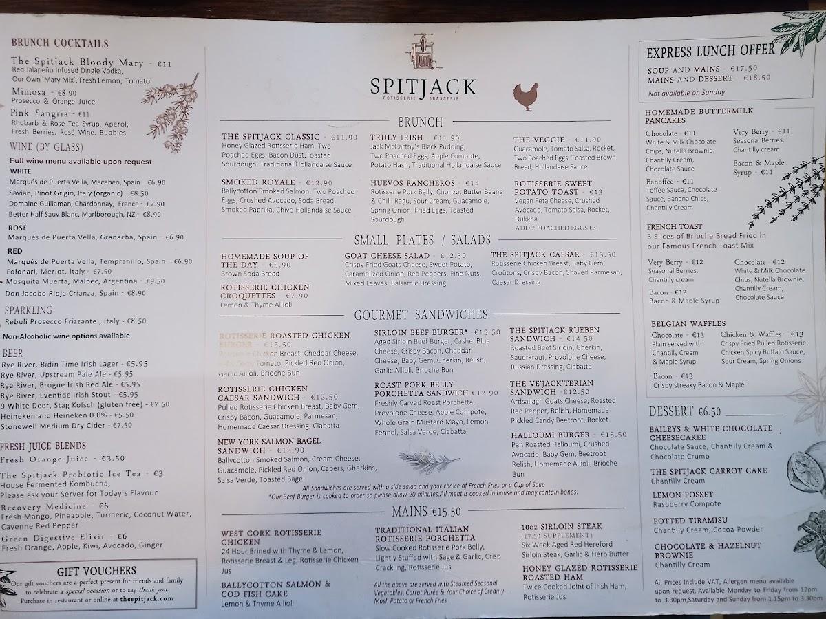 Menu at The SpitJack Cork restaurant, Cork