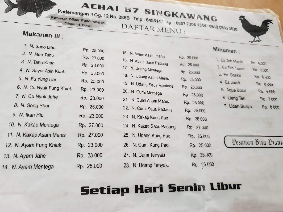 Menu at Achai 67 restaurant, Jakarta