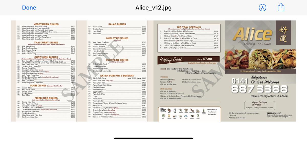 Menu at Alice Chinese Takeaway fast food, Paisley