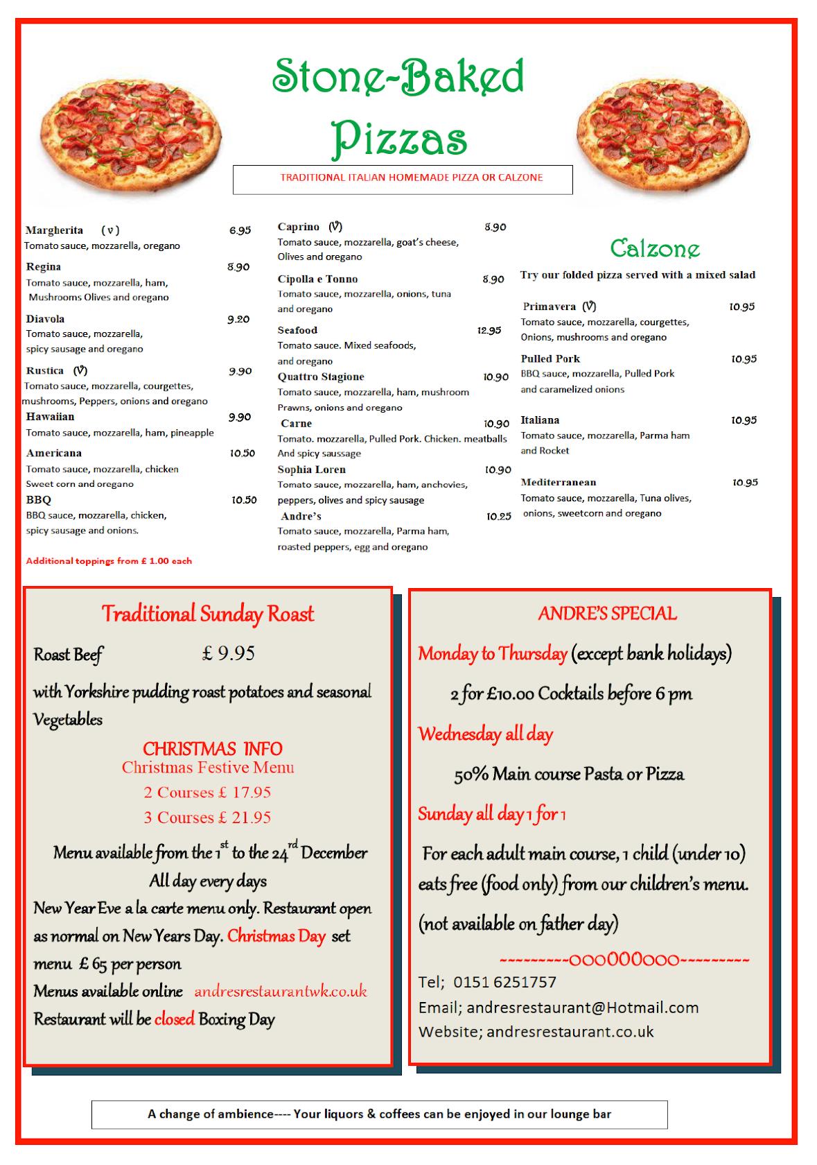 Menu at Andre's Restaurant, Birkenhead