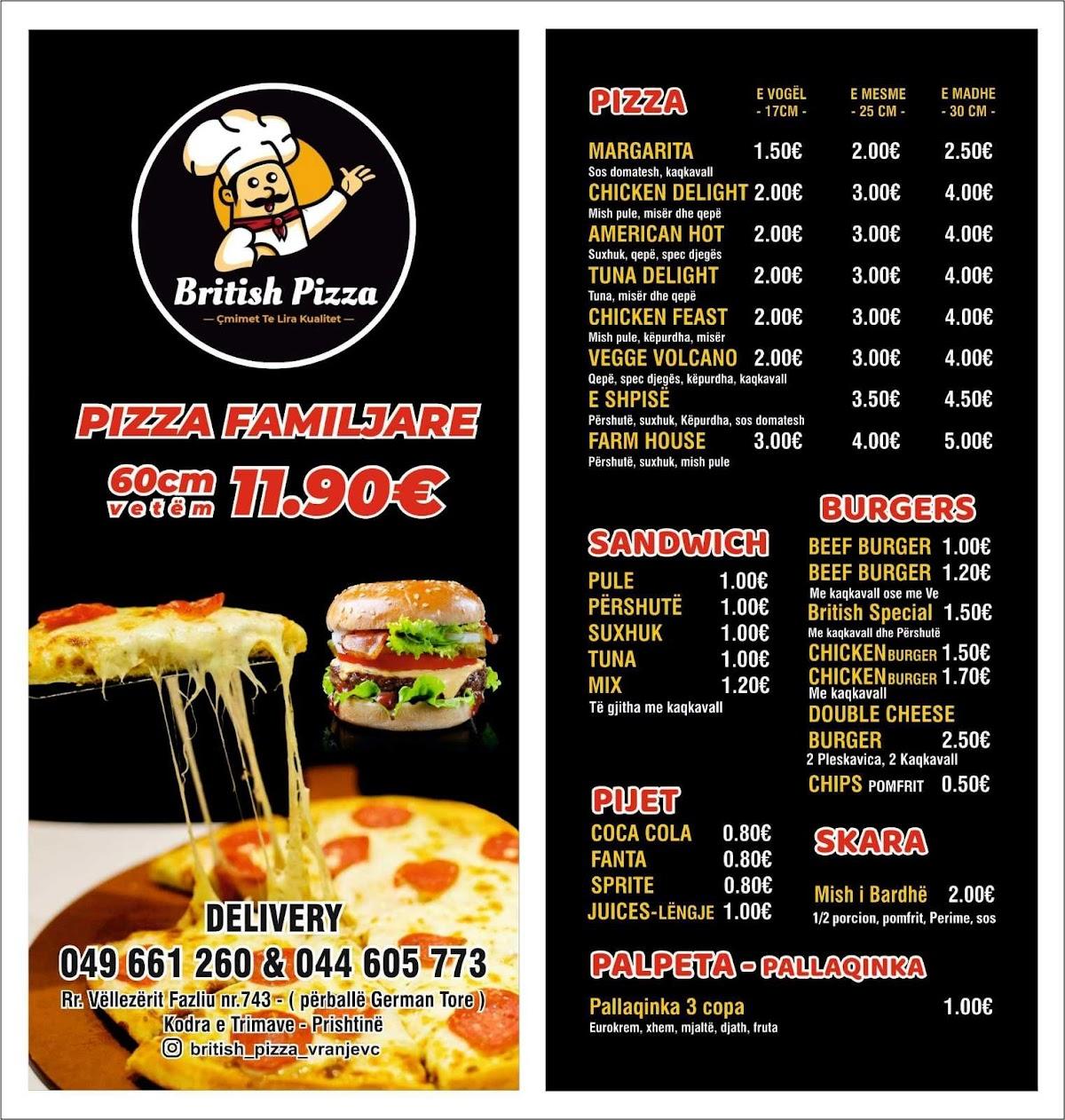 Menu at British Pizza restaurant, Prishtina
