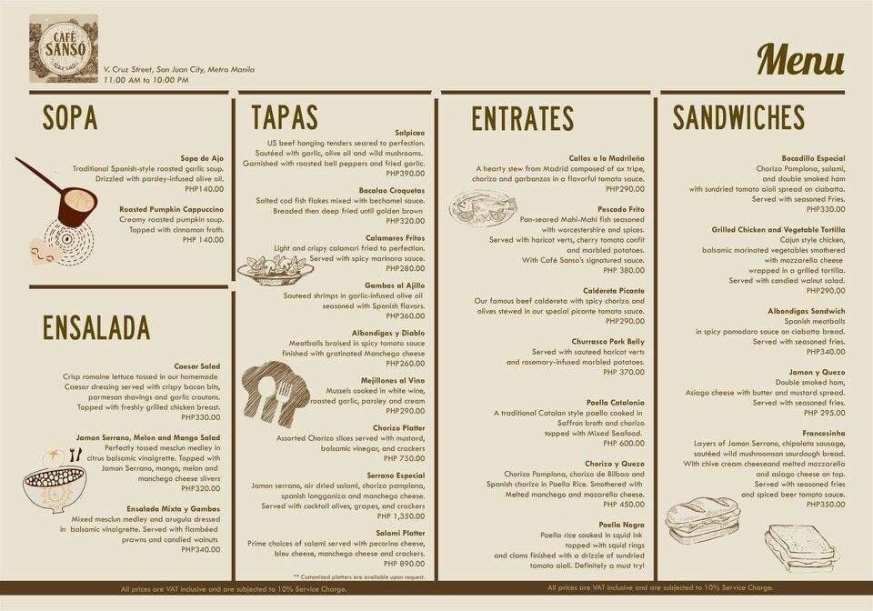 Menu at Cafe Sanso, San Juan, 32 V. Cruz