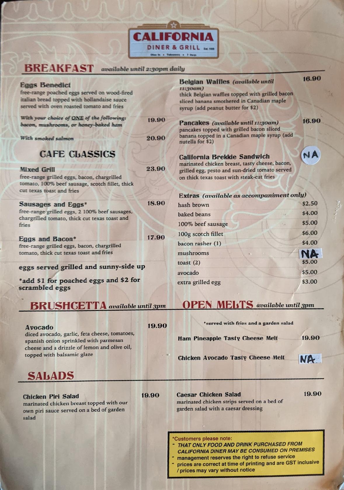 Menu at California Diner cafe, Mawson