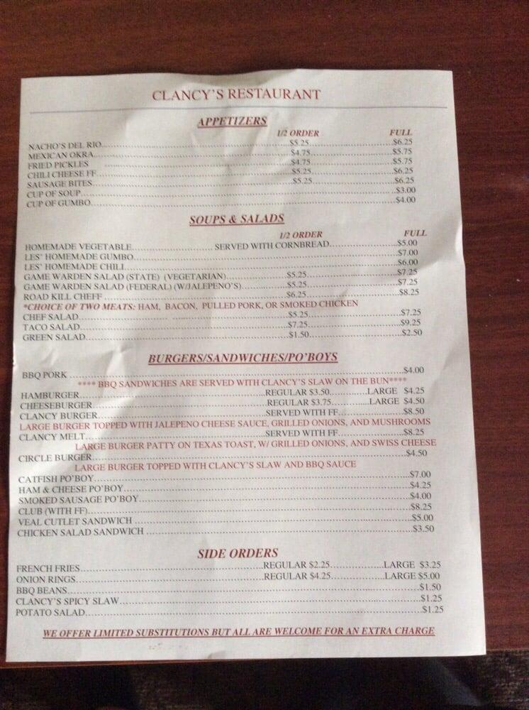 Menu at Clancy's BBQ, Yazoo City, Jerry Clower Blvd