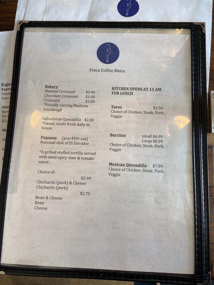 Menu at Finca Coffee cafe, Madison