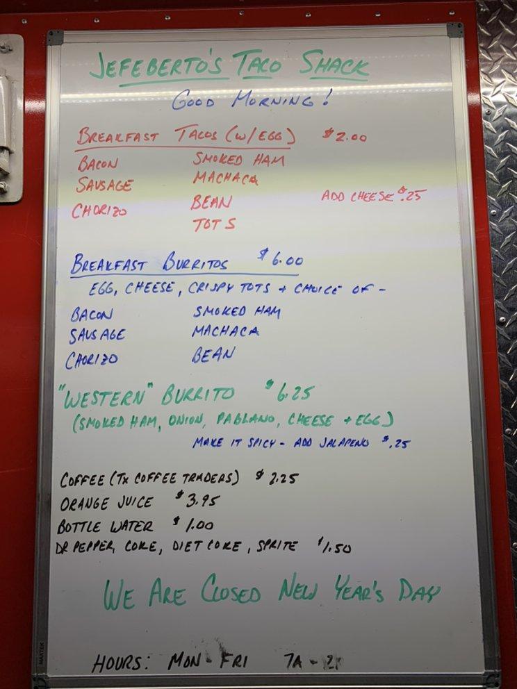 Menu at Jefeberto’s Taco Shack, Austin