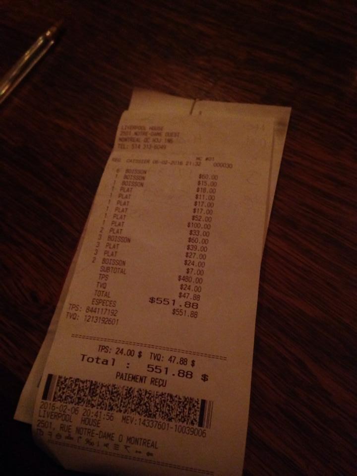 Menu au Liverpool House restaurant, Montréal