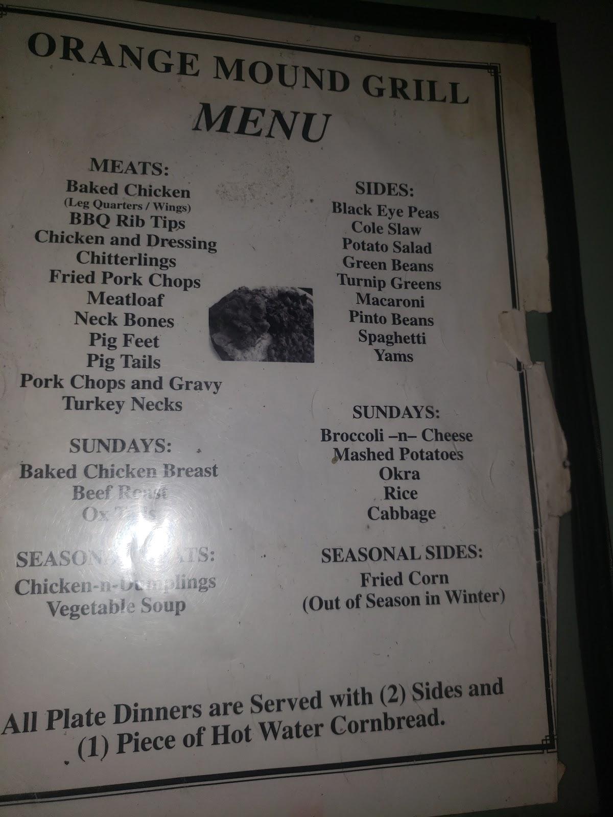 Menu at Orange Mound Grill restaurant, Memphis