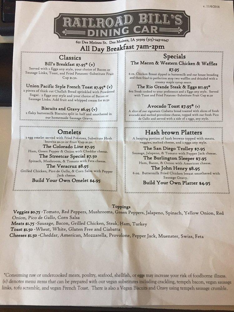 Menu at Railroad Bill's Dining Car cafe, Des Moines