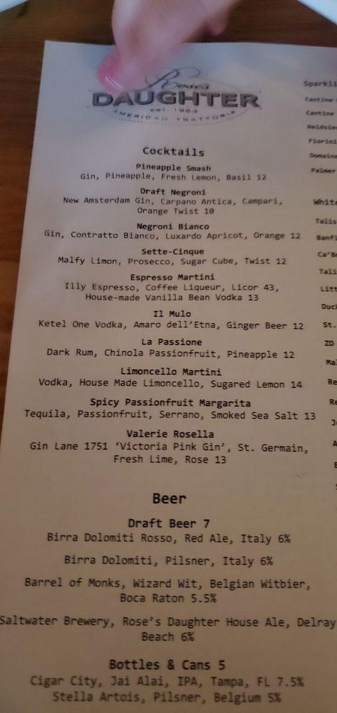 Menu at Rose's Daughter restaurant, Delray Beach