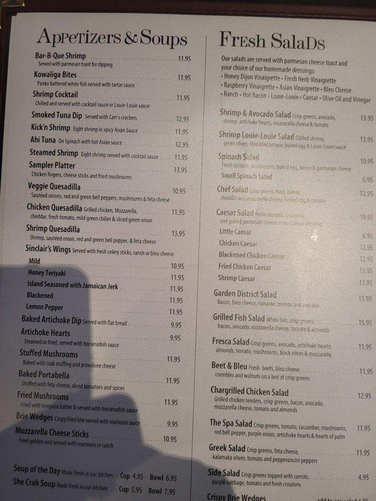 Menu at Sinclair's East restaurant, Montgomery, Vaughn Rd