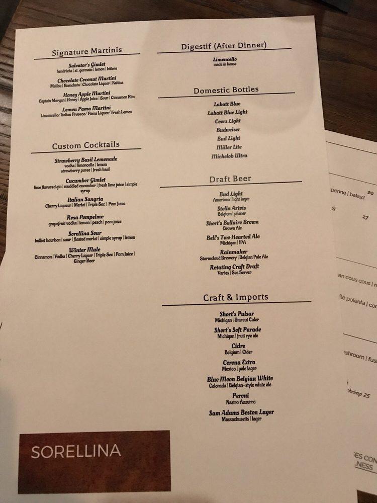 Menu at Sorellina restaurant, Traverse City, 250 E Front St Suite 110