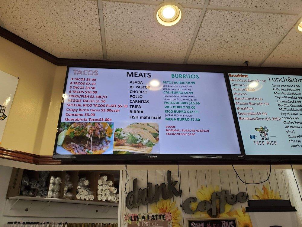 Menu at Taco Rico restaurant, Bremerton