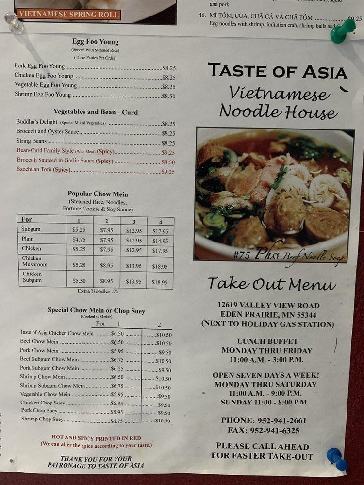 Menu at Taste of Asia restaurant, Eden Prairie