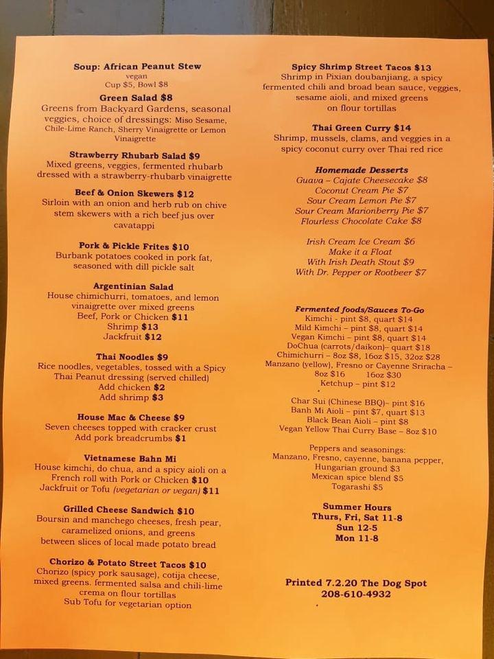 Menu at The Dog Spot restaurant, Joseph