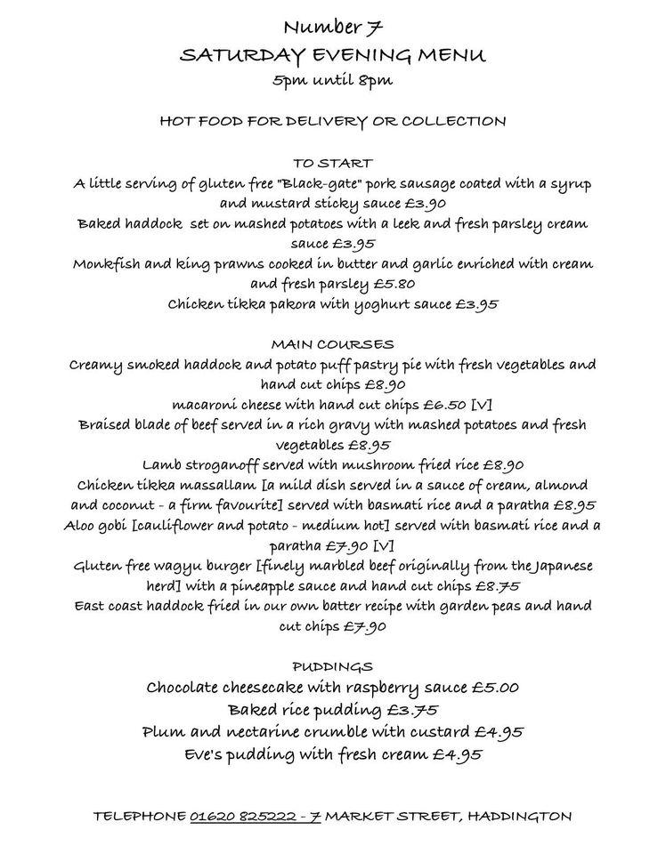 Menu at Number 7 restaurant, Haddington