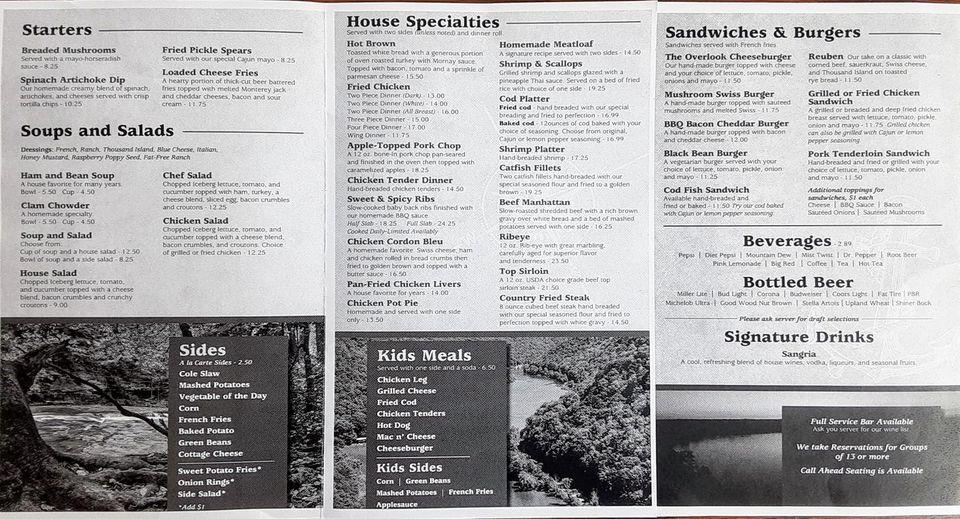 Menu at The Overlook Restaurant, Leavenworth