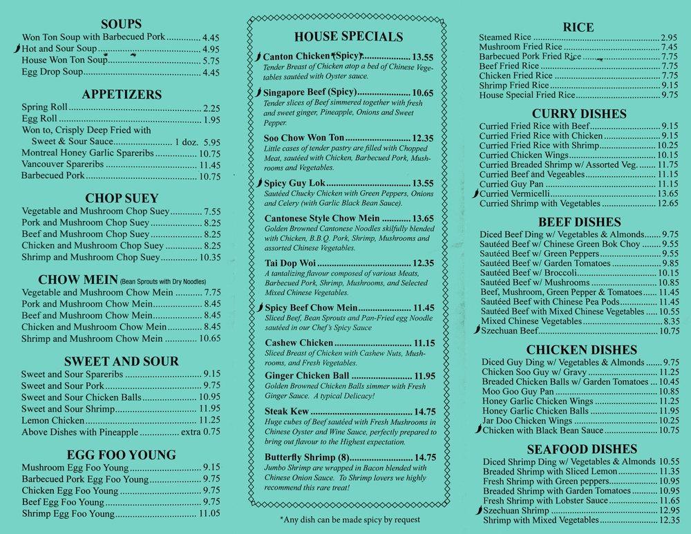 Menu at Wong's Garden restaurant, London