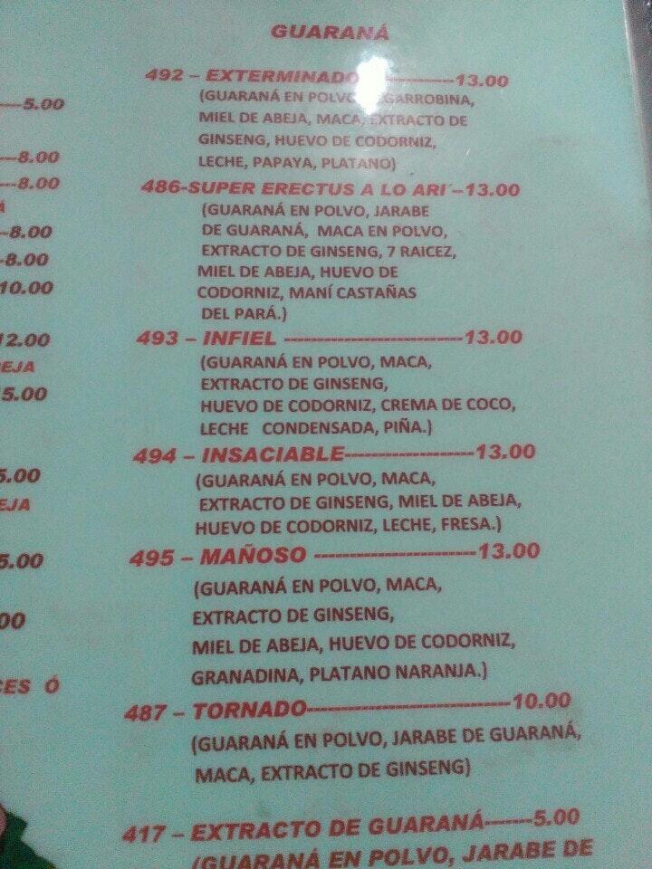 Menu at Ari's Burger restaurant, Iquitos, Jirón Próspero 127