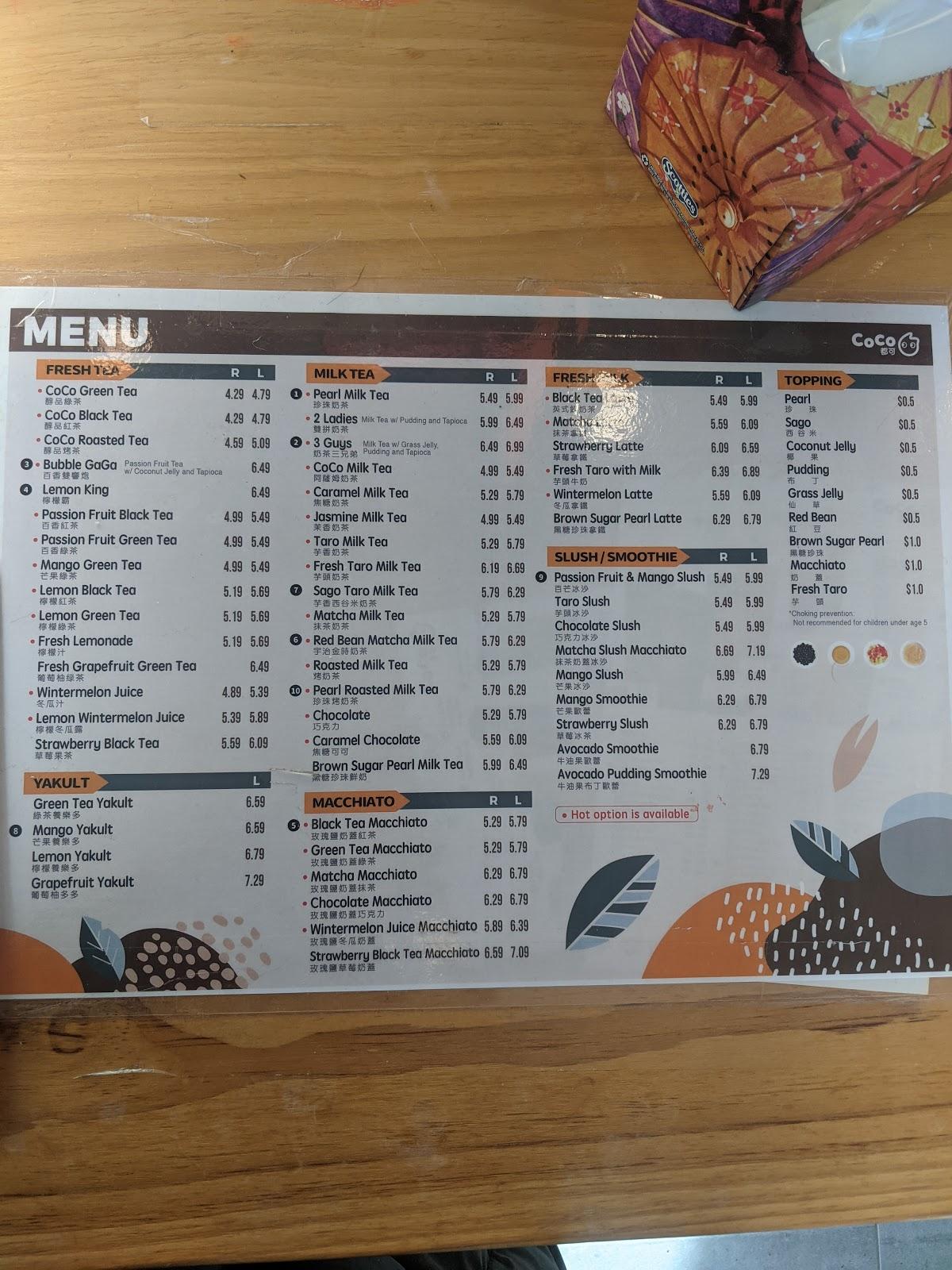 Menu at CoCo Fresh Tea & Juice - North cafe, Edmonton, 580 Griesbach Parade