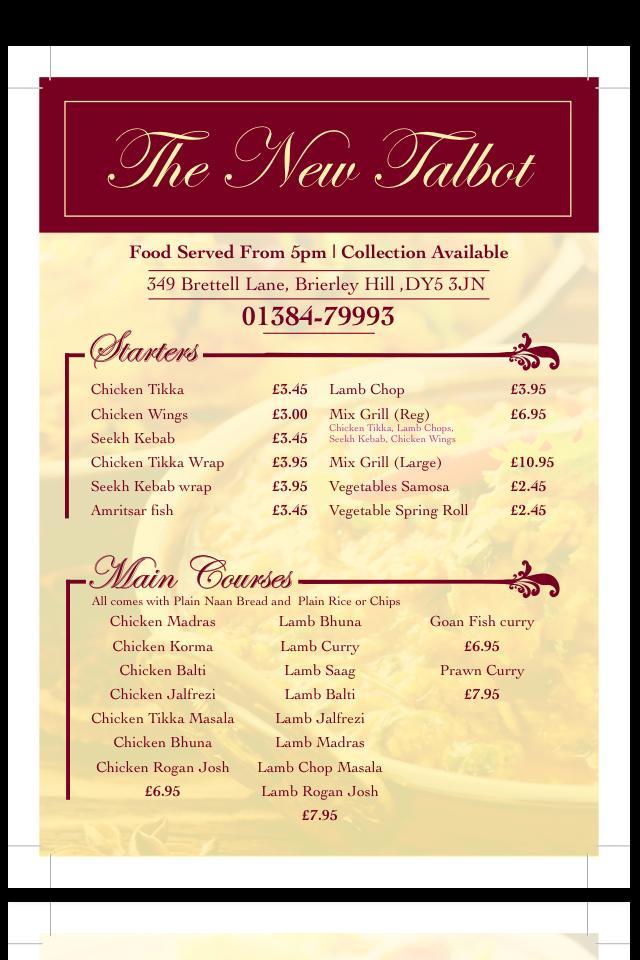 Menu at New Talbot pub & bar, Brierley Hill