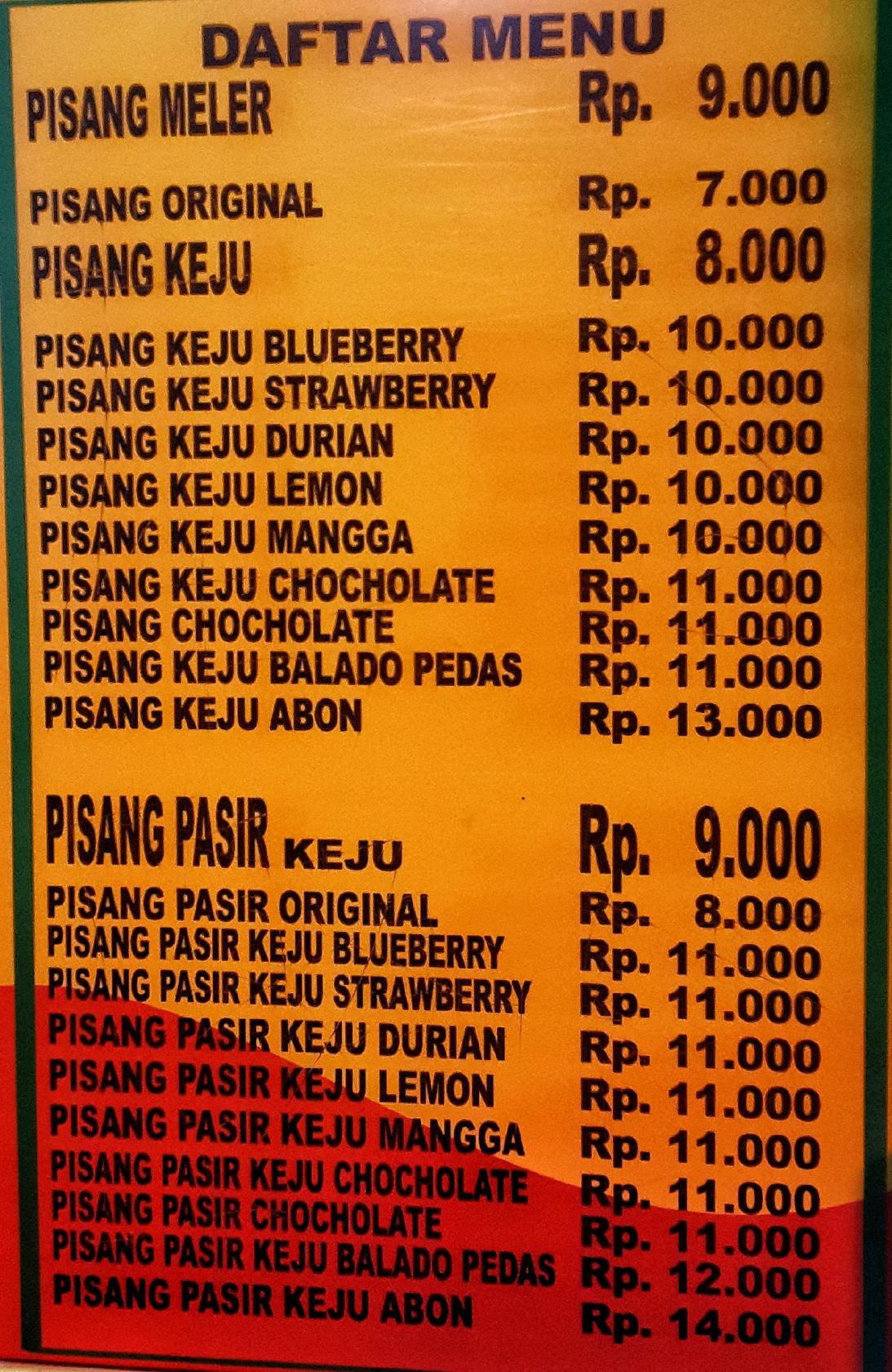 Menu at Pisang Meler Airlangga restaurant, Surabaya