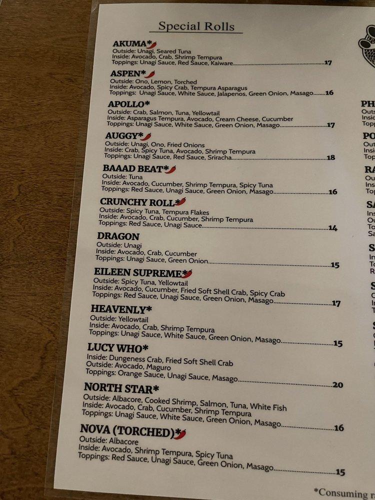 Menu at Sushi Kuma restaurant, Monterey