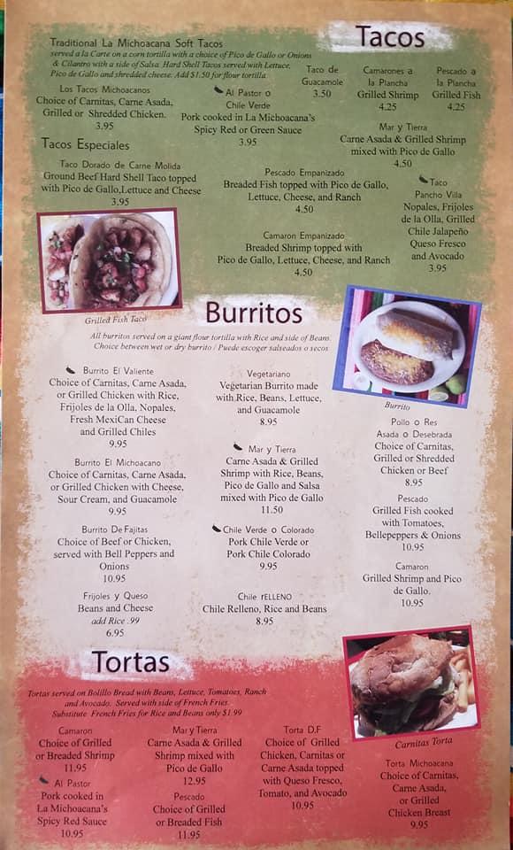 Menu at Tacos y Mariscos La Michoacana restaurant, Lompoc, N A St