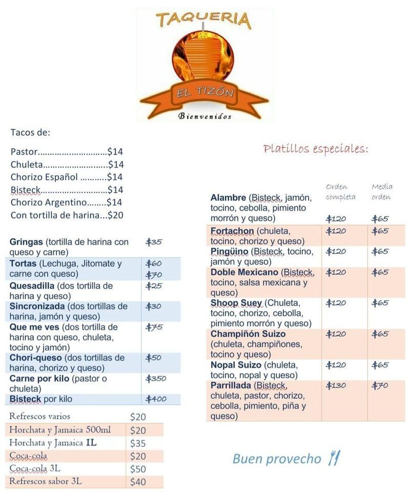 Menu at Taquería El Tizón restaurant, Paraíso
