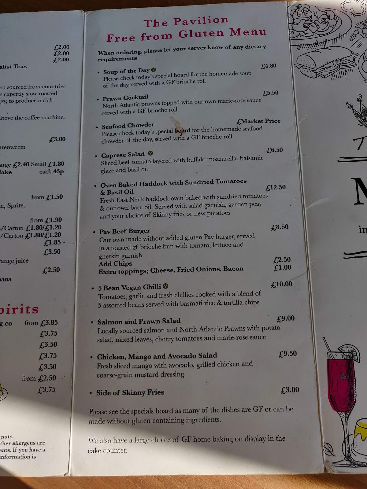 Menu at The Pavilion Cafe/Restaurant, Elie