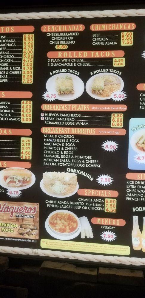 Menu at Vaqueros Carne Asada restaurant, Phoenix, W Southern Ave